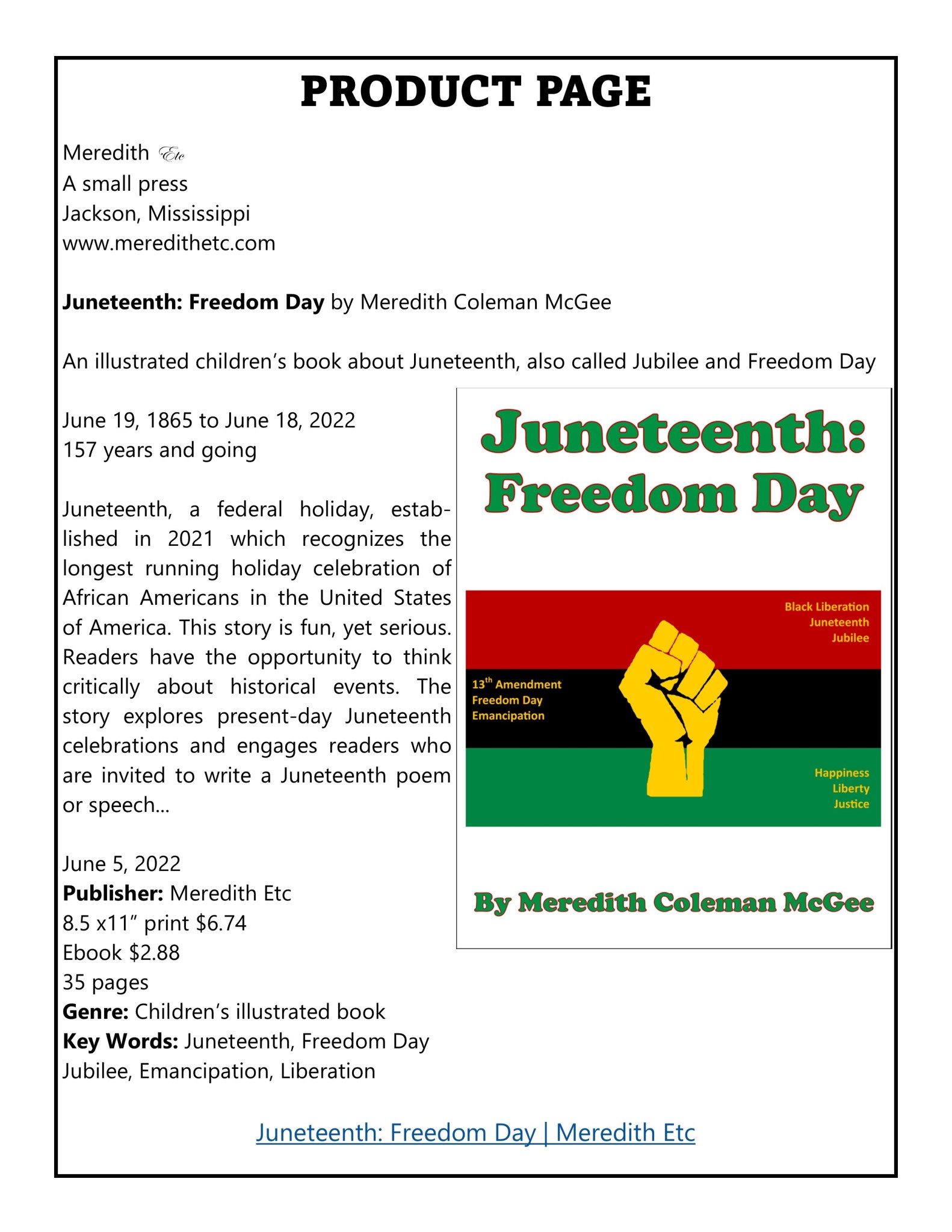 Order “Juneteenth: Freedom Day” by Meredith Coleman McGee | Meredith Etc